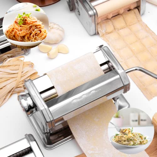 Pasta Maker Deluxe Set 5 pc Steel Machine w Spaghetti Fettuccini Roller Angel Hair Ravioli Noodle Lasagnette Cutter Attachments, Hand Crank & Clamp- Premium Quality for Homemade Italian Dinner Cooking