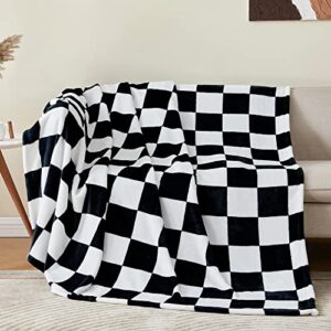 bedelite checkered throw blanket for couch and bed, luxurious decorative fleece blanket with checkerboard grid home decor, soft and cozy black and white throw blanket for spring and summer, 50"x60"