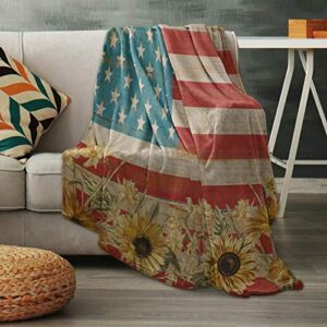 Possta Decor Retro American Flag with Farm Sunflowers Throw Blanket, Lightweight Cozy Warm Throws Wooden Texture, Super Soft Fuzzy Plush TV Blankets for Living Room Bedroom Bed Couch Chair