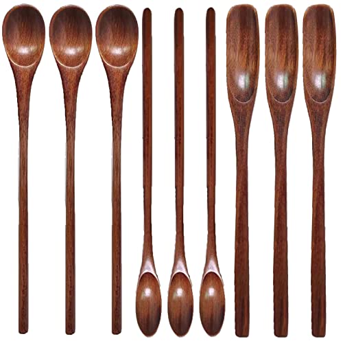 Wooden Coffee Spoons Long Handle Wooden Tea spoon Wooden Mixing Honey Spoon Handmade Wood Stirring Spoon for Kitchen Stirring Dessert Honey Spoons(9PCS)