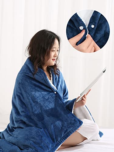 Electric Blanket 50" x 60" Heated Throw Flannel & Sherpa Fast Heating Blanket with 6 Heating Levels & 5 Hours Auto Off, Home Office Use, Blue & White