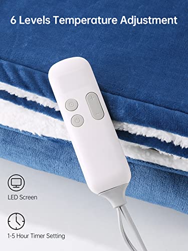 Electric Blanket 50" x 60" Heated Throw Flannel & Sherpa Fast Heating Blanket with 6 Heating Levels & 5 Hours Auto Off, Home Office Use, Blue & White