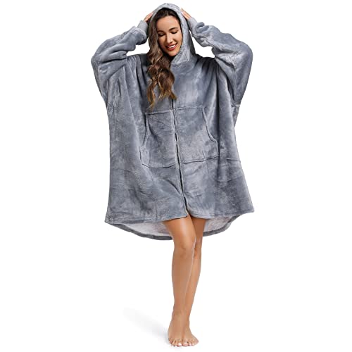 Aptoco Oversized Wearable Blanket Hoodies, Plus Size Soft Sherpa Blanket Sweatshirt w/ Giant Pocket Comfy Sweatshirt Blanket Thick Warm Hoodie for Adult Teen & Kids, One Size Fits All(Gray) (Medium)