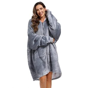 Aptoco Oversized Wearable Blanket Hoodies, Plus Size Soft Sherpa Blanket Sweatshirt w/ Giant Pocket Comfy Sweatshirt Blanket Thick Warm Hoodie for Adult Teen & Kids, One Size Fits All(Gray) (Medium)