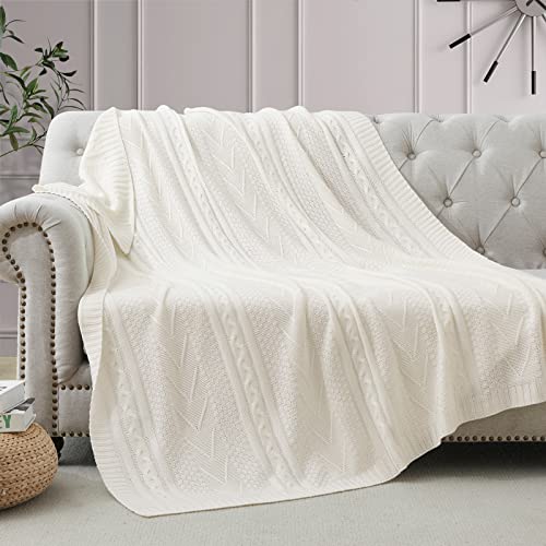 Eychei Ivory White Knitted Throw Blanket,Lightweight Decorative Knitted Blanket,Warm and Soft Throw Blanket for Sofa Couch Bed Chair 50"x60"