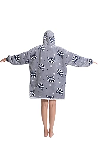 LUSJNGE Adult Sherpa Wearable Blanket Hoodie for Women Teen Girls Giant Hooded Blanket Sweatshirt Fluffy Comfy Fleece Snuggie Blankets with Sleeves Raccoons