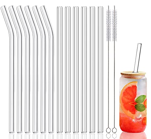 Glass Straws,12-Pack Reusable Glass Drinking Straws, Size 8.5''x10 MM, Including 6 Straight and 6 Bent with 2 Cleaning Brush, Clear Glass Straws Reusable