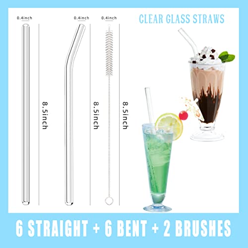 Glass Straws,12-Pack Reusable Glass Drinking Straws, Size 8.5''x10 MM, Including 6 Straight and 6 Bent with 2 Cleaning Brush, Clear Glass Straws Reusable