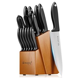 knife set 15-piece kitchen knife set with sharpener wooden block and serrated steak knives,emojoy germany high carbon stainless steel knife block set,black