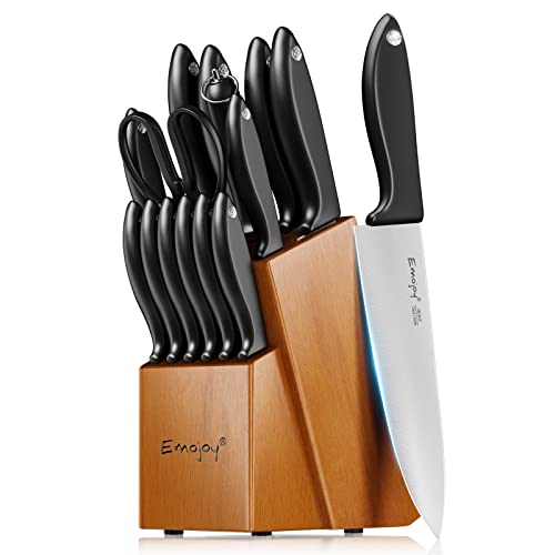 Knife Set 15-Piece Kitchen Knife Set with Sharpener Wooden Block and Serrated Steak Knives,Emojoy Germany High Carbon Stainless Steel Knife Block Set,Black