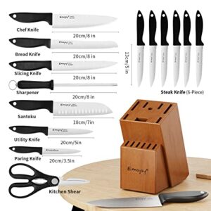 Knife Set 15-Piece Kitchen Knife Set with Sharpener Wooden Block and Serrated Steak Knives,Emojoy Germany High Carbon Stainless Steel Knife Block Set,Black