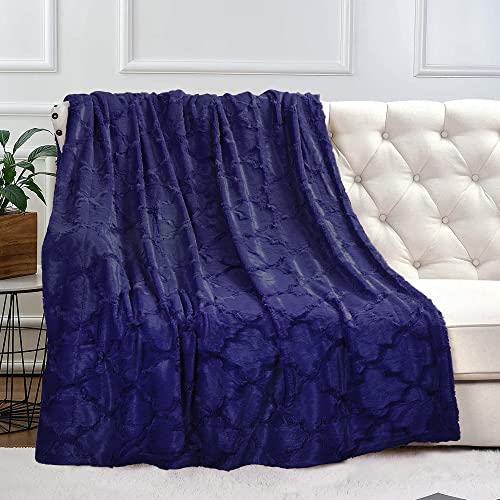 Home Soft Things Brushed Faux Fur Ashley Throw with Sherpa Backing, 60'' x 80'', Navy Blue Soft Fluffy Lightweight Luxury Throw for All Seasons Home Décor