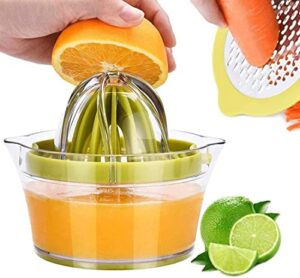 drizom citrus lemon orange juicer manual hand squeezer with built-in measuring cup and grater, 12oz, green