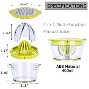 Drizom Citrus Lemon Orange Juicer Manual Hand Squeezer with Built-in Measuring Cup and Grater, 12OZ, Green