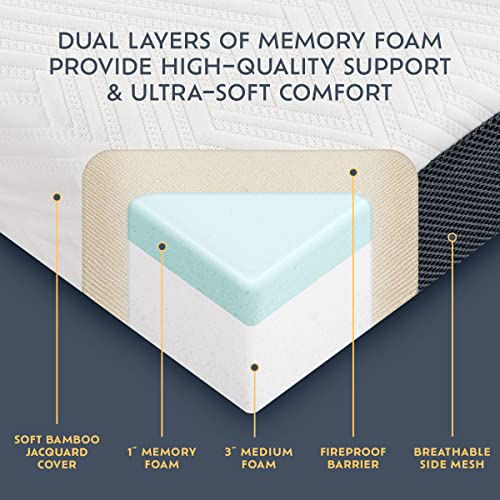 Heyward Premium 4” Memory Foam Trifold Mattress | Twin, Portable Space Saver, Medium-Firm, CertiPUR-US Certified | Washable Bamboo Jacquard Ventilated Material w/Non-Slip Base | 75”L x 38”W x 4”H