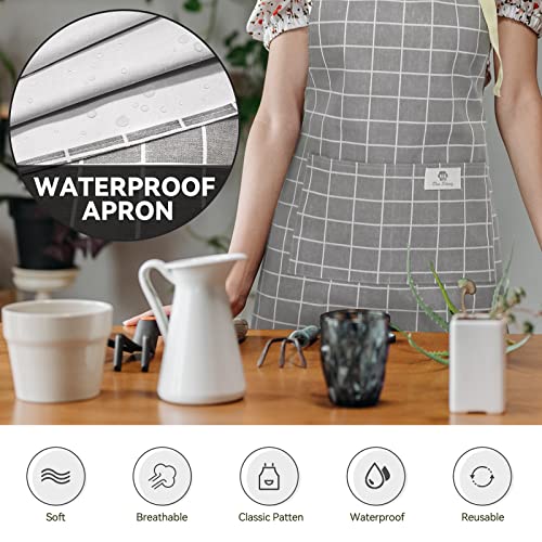 Riqiaqia 2 Pieces Aprons for Women with Pockets, Cotton Linen Waterproof Kitchen Cooking Aprons, Chef Apronfor Men Women with Adjustable Neck Strap and Long Ties(Grey/Green)