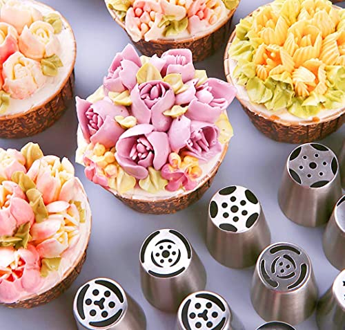 Russian Piping Tips 56 Pcs Cake Decorating Kit, 12 Flower Piping Tips, Leaf Icing Frosting Tips Nozzles Pastry Bags Baking Supplies Kit for Cupcake Cookies Birthday Party Baking Gifts