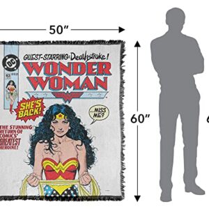 LOGOVISION Wonder Woman Blanket, 50"x60" Comic Cover Woven Tapestry Cotton Blend Fringed Throw