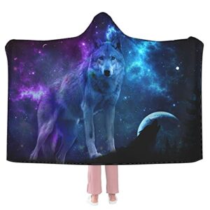 galaxy wolf hooded blanket anti-pilling flannel wearable blanket hoodie-plush warm blanket throw blankets fit for kids, adults, teens