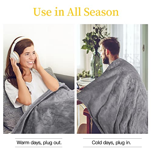 WAPANEUS Electric Throw Blanket 50”x60” Flannel Heated Throw Blanket with Foot Pocket, 3 Heating Settings 4 Hours Auto-Off, Fast-Heating, ETL Listed, Machine Washable, Grey