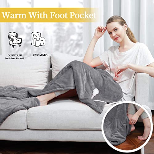 WAPANEUS Electric Throw Blanket 50”x60” Flannel Heated Throw Blanket with Foot Pocket, 3 Heating Settings 4 Hours Auto-Off, Fast-Heating, ETL Listed, Machine Washable, Grey