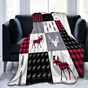 Buffalo Plaid Moose Throw Blanket Flannel Blanket for Bed Couch Sofa Throw Plush Fuzzy Soft Blanket for Kids Teen Adults