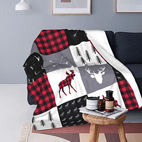 Buffalo Plaid Moose Throw Blanket Flannel Blanket for Bed Couch Sofa Throw Plush Fuzzy Soft Blanket for Kids Teen Adults