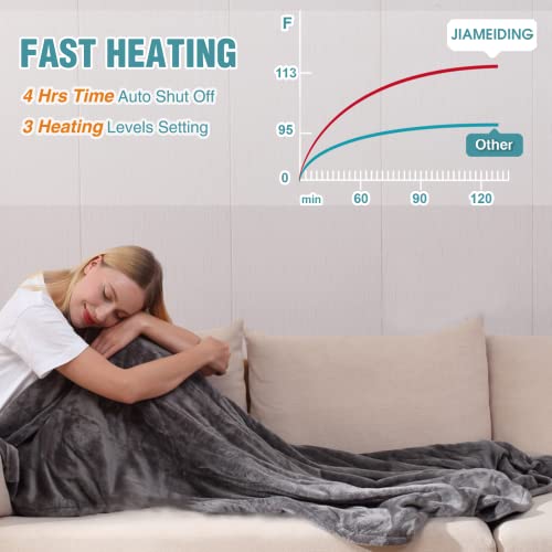 JIAMEIDING Electric Heated Blanket Throw, Super Soft Flannel 50" x 60" Heating Throw with 3 Fast Heating Levels & 4 Hours Auto Off, Machine Washable, ETL&FCC Certification, Home Office Use, Grey