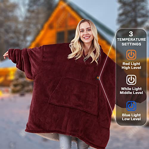 OCTROT Heated Wearable Blanket Hoodie for Adult with Battery Pack 7.4V 10000mah, Oversized Blanket Hoodie Sherpa Hooded Blanket Sweatshirt for Women Men, Cozy Warm Soft Washable Blanket, Wine Red