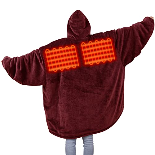 OCTROT Heated Wearable Blanket Hoodie for Adult with Battery Pack 7.4V 10000mah, Oversized Blanket Hoodie Sherpa Hooded Blanket Sweatshirt for Women Men, Cozy Warm Soft Washable Blanket, Wine Red