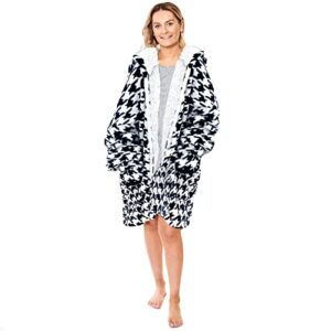 Dreamscene Houndstooth Oversized Zip-Up Hooded Blanket Sherpa Fleece Wearable Adult Hoodie Womens Sweatshirt Jumper, Black White