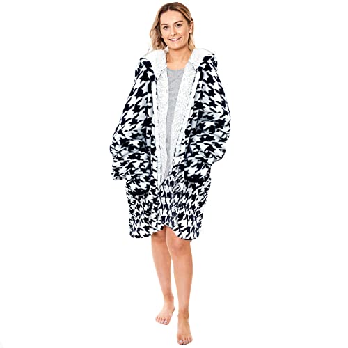 Dreamscene Houndstooth Oversized Zip-Up Hooded Blanket Sherpa Fleece Wearable Adult Hoodie Womens Sweatshirt Jumper, Black White