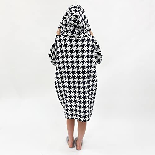 Dreamscene Houndstooth Oversized Zip-Up Hooded Blanket Sherpa Fleece Wearable Adult Hoodie Womens Sweatshirt Jumper, Black White