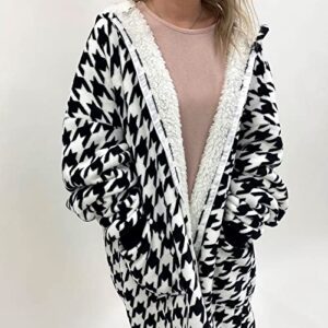 Dreamscene Houndstooth Oversized Zip-Up Hooded Blanket Sherpa Fleece Wearable Adult Hoodie Womens Sweatshirt Jumper, Black White