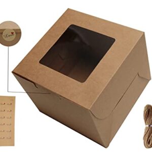 PQZKLDP 12Packs 6x6x5 Inches Brown Kraft Cake Boxes with Window, Gift Packing, Bakery Boxes, Dessert, Pastry, Cupcake, Pie Cookies, With Stickers,66 FT Twine (6 * 6 * 5 Inch, Brown)