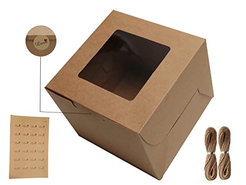 PQZKLDP 12Packs 6x6x5 Inches Brown Kraft Cake Boxes with Window, Gift Packing, Bakery Boxes, Dessert, Pastry, Cupcake, Pie Cookies, With Stickers,66 FT Twine (6 * 6 * 5 Inch, Brown)