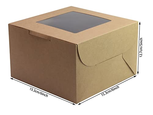 PQZKLDP 12Packs 6x6x5 Inches Brown Kraft Cake Boxes with Window, Gift Packing, Bakery Boxes, Dessert, Pastry, Cupcake, Pie Cookies, With Stickers,66 FT Twine (6 * 6 * 5 Inch, Brown)