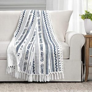 lush decor hygge stripe cotton slub tassel fringe throw blanet, 60" x 50", navy & white