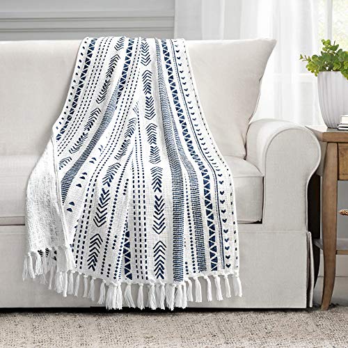 Lush Decor Hygge Stripe Cotton Slub Tassel Fringe Throw Blanet, 60" x 50", Navy & White