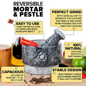 Laevo Mortar and Pestle Set (Large) | Gray Marble | Stone Spice Grinder | 2.1 Cup Capacity | 5.5 inch | Reversible | Molcajete Mexicano | Guacamole, Pesto, Spices | Large Mortar & Pestles | Gift Set