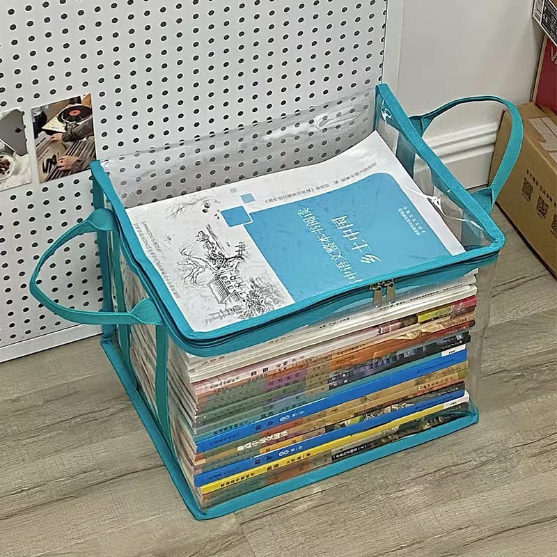 LucaSng Clear Zippered Storage Bags, Foldable Book Storage Case Travel PVC Organizer (A-Blue)