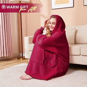 Oversized Sherpa Blanket Hoodie, YUGVYOB Wearable Blanket Warm & Fuzzy, Sweatshirt with Gaint Pocket for Men, Women, Teens, Red