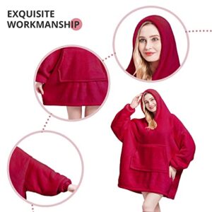 Oversized Sherpa Blanket Hoodie, YUGVYOB Wearable Blanket Warm & Fuzzy, Sweatshirt with Gaint Pocket for Men, Women, Teens, Red