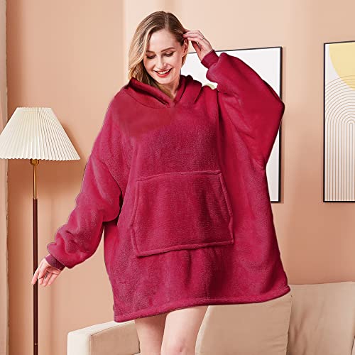 Oversized Sherpa Blanket Hoodie, YUGVYOB Wearable Blanket Warm & Fuzzy, Sweatshirt with Gaint Pocket for Men, Women, Teens, Red