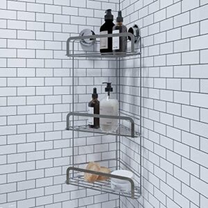 croydex stick n lock easy to fit adhesive three tier corner basket, silver