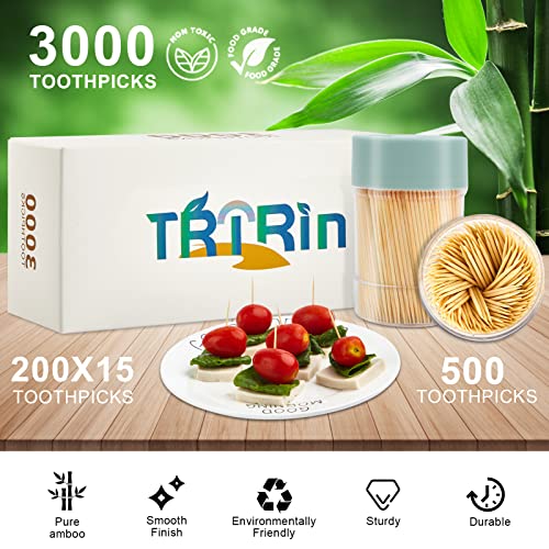 TRTRin Bamboo Toothpicks [3000 Count] - With Reusable Toothpick Holder, Sturdy Smooth Finish Tooth Picks, for Party, Appetizer, Olive, Barbecue, Fruit and Teeth Cleaning, Green.