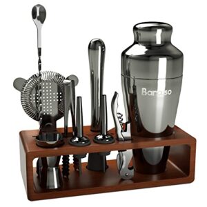 baraiso cocktail shaker set, bartender kit and cocktail shaker with strainer, bar tool kit set and mahogany tool sets with mahogany stand, bar accessories for the home bar set - black