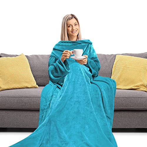 Sunyana Premium Fleece Wearable Blanket with Sleeves,Lightweight Wearable TV Throws Warm Cozy Super Soft Sleeved Wrap Robe Blanket for Indoor Living, Gift for Adult Women and Men(Lake Blue)