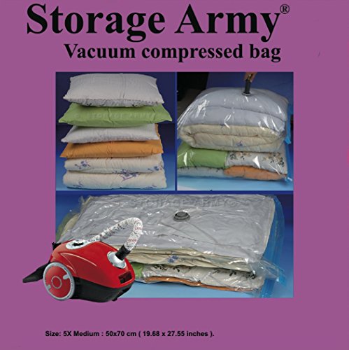 Storage Army [Pack of 5 Medium Storage Bags Sealed Compressed Vacuum Bag Save Storage Space Home Organizer & Travel Storage Saver Bags Protection Against Water | Odor | Mildew | Dust | Dirt | Insects