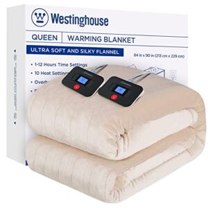 westinghouse electric blanket queen size, super cozy soft flannel 84" x 90" heated blanket with 10 fast heating levels & 1-12 auto-off, machine washable, etl&fcc certification, beige